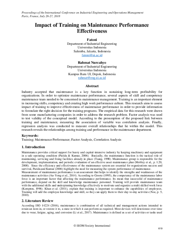 (PDF) Impact of Training on Maintenance Performance Effectiveness