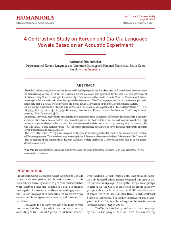 (PDF) A Contrastive Study on Korean and Cia-Cia Language Vowels Based ...