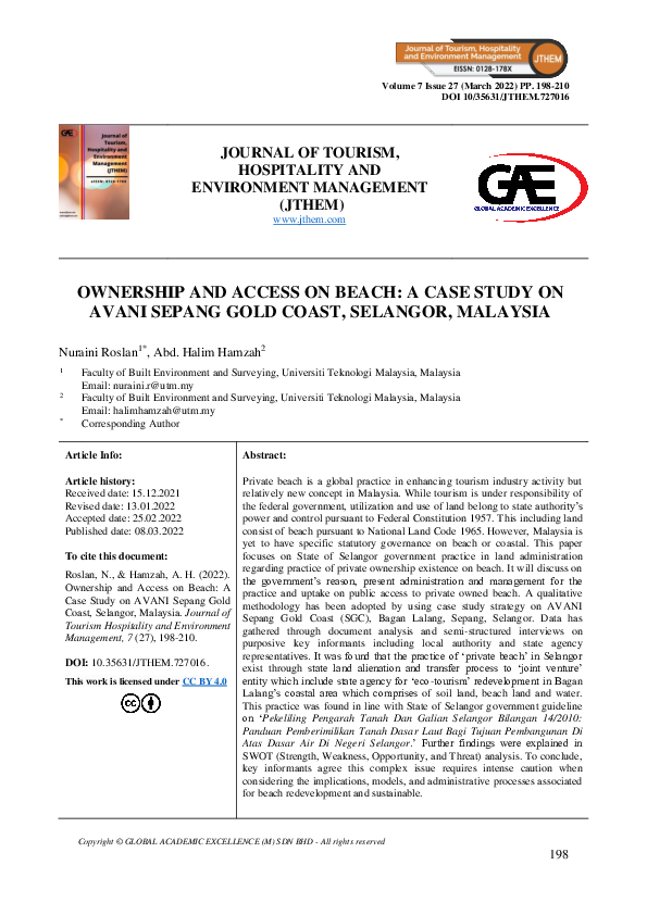 (PDF) Ownership and Access on Beach: A Case Study on Avani Sepang Gold Coast, Selangor, Malaysia
