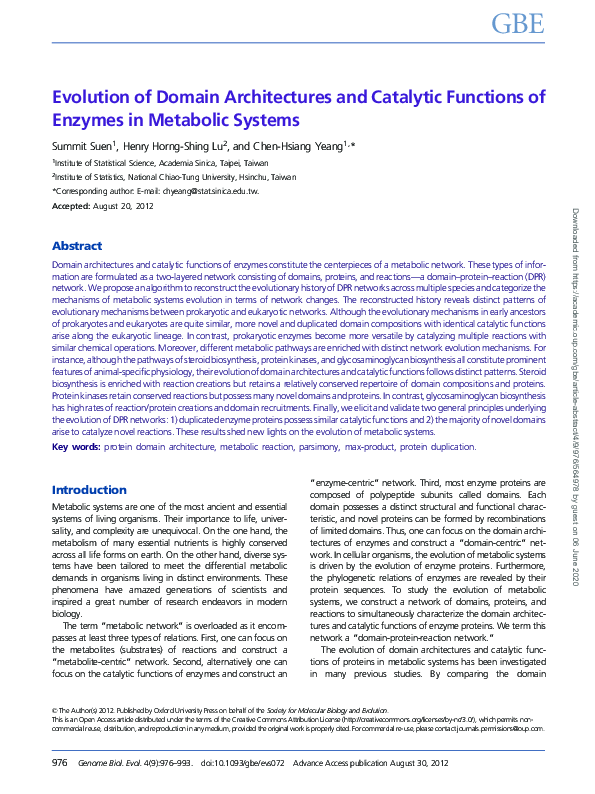 (PDF) Evolution of Domain Architectures and Catalytic Functions of Enzymes in Metabolic Systems