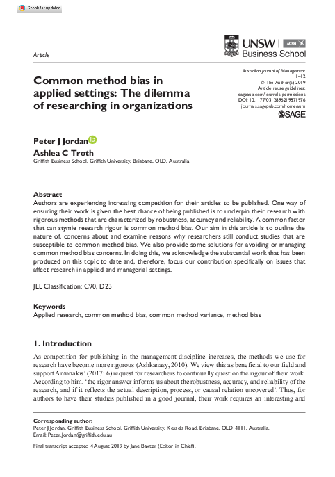 Pdf Common Method Bias In Applied Settings The Dilemma Of Researching In Organizations