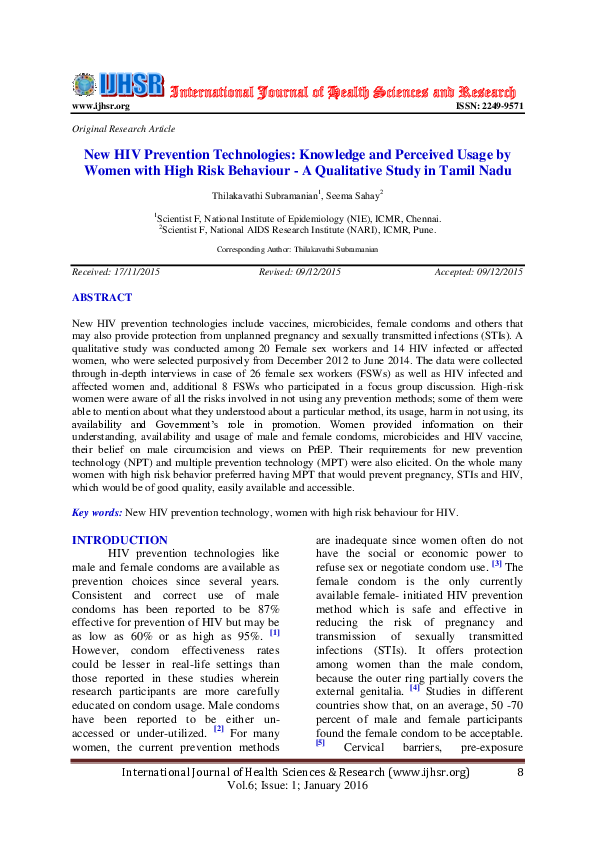 (PDF) New HIV Prevention Technologies: Knowledge and Perceived Usage by ...