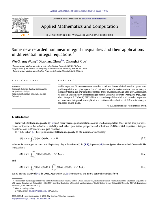 (PDF) Some new retarded nonlinear integral inequalities and their applications in differential ...