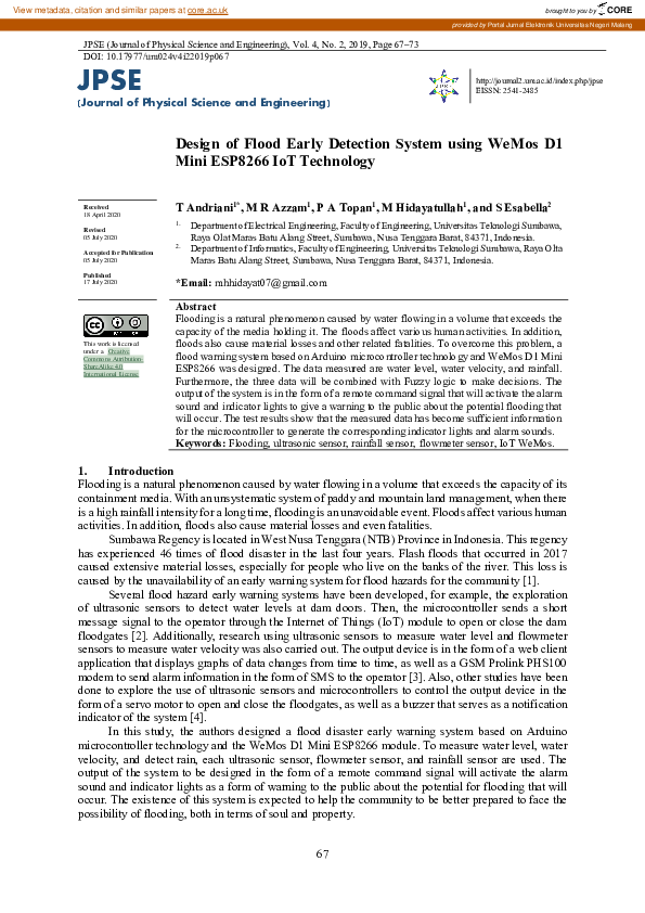 Pdf Design Of Flood Early Detection System Using Wemos D1 Mini Esp8266 Iot Technology