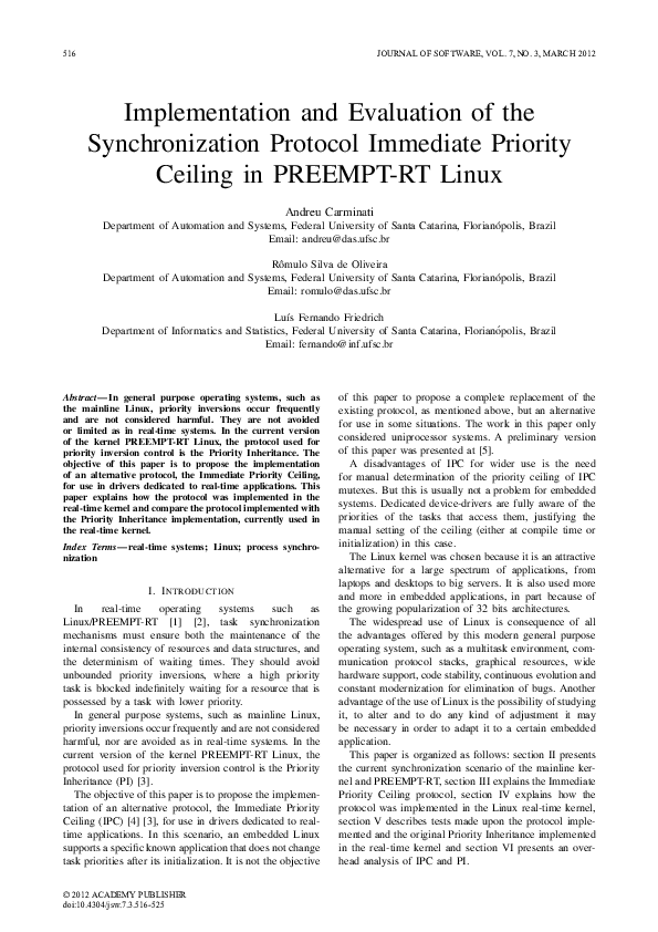 (PDF) Implementation and Evaluation of the Synchronization Protocol Immediate Priority Ceiling ...