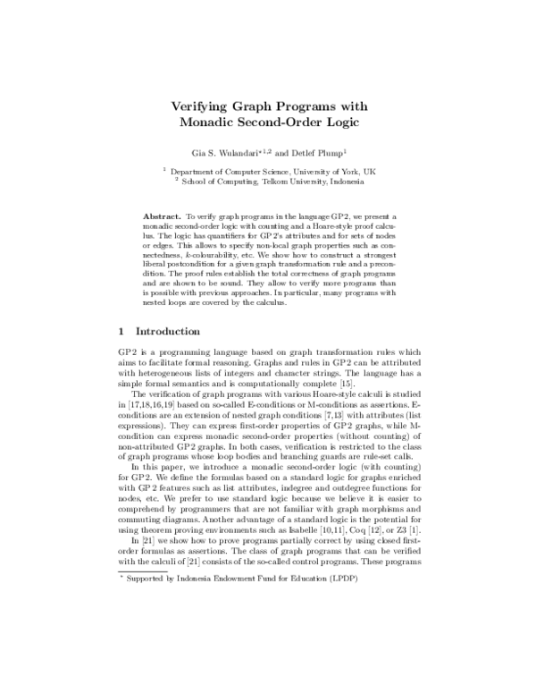 (PDF) Verifying Graph Programs with Monadic Second-Order Logic | Gia Wulandari - Academia.edu