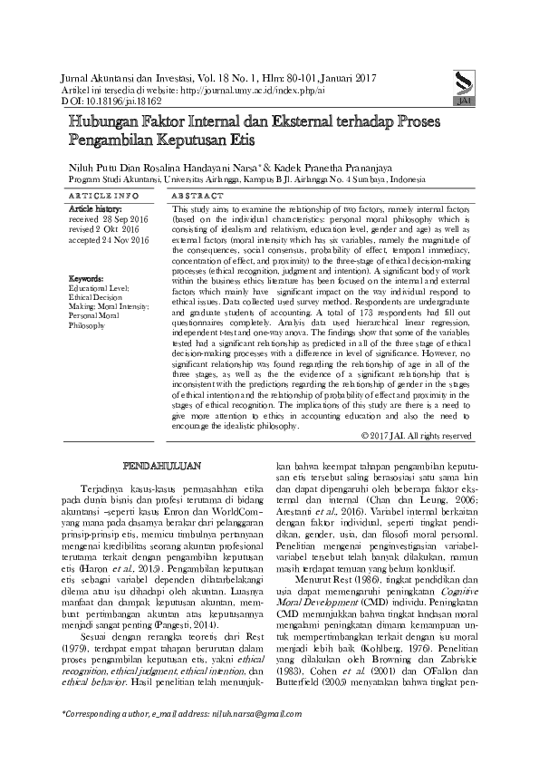 (PDF) Hubungan Faktor Internal dan Eksternal terhadap Proses Pengambilan Keputusan Etis