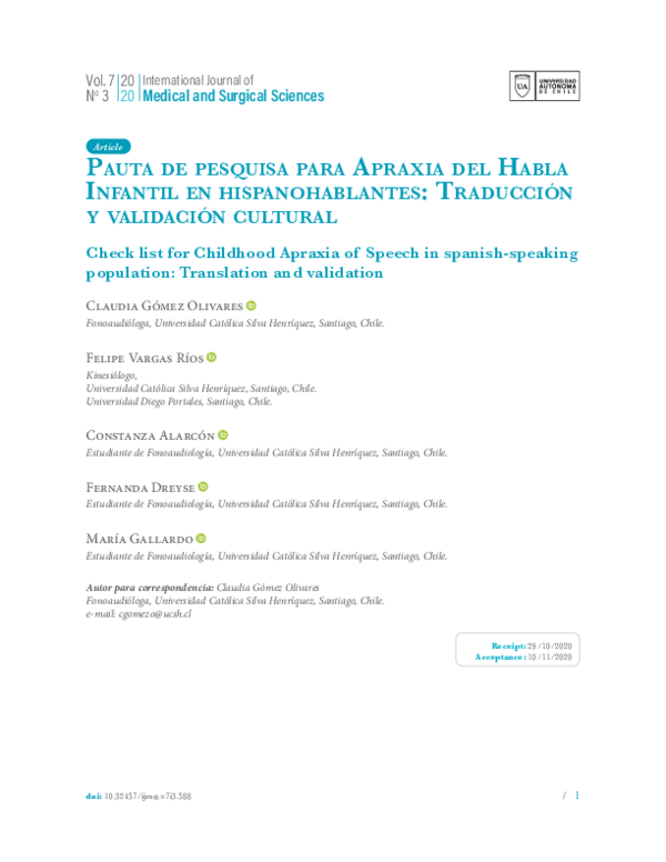 (PDF) Check list for Childhood Apraxia of Speech in spanish-speaking ...