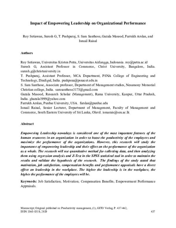 (PDF) Impact of Empowering Leadership on Organizational Performance