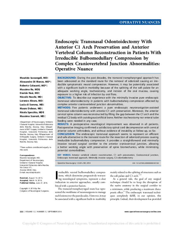 (PDF) Endoscopic Transnasal Odontoidectomy With Anterior C1 Arch ...