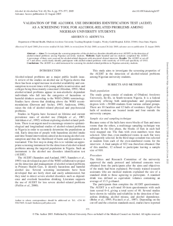 (PDF) Validation of the Alcohol Use Disorders Identification Test ...