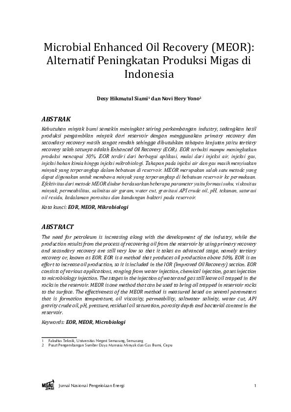 (PDF) Microbial Enhanced Oil Recovery (MEOR): Alternatif Peningkatan Produksi Migas di Indonesia