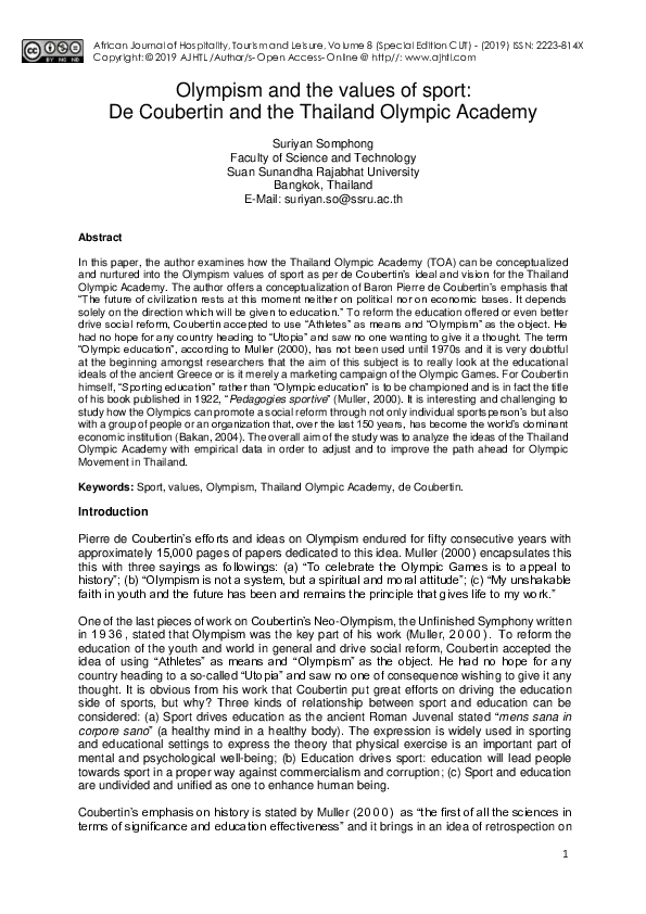(PDF) Olympism and the values of sport: De Coubertin and the Thailand ...