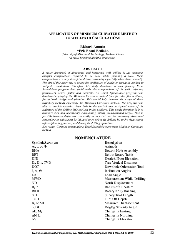 Pdf Application Of Minimum Curvature Method To Wellpath Calculations