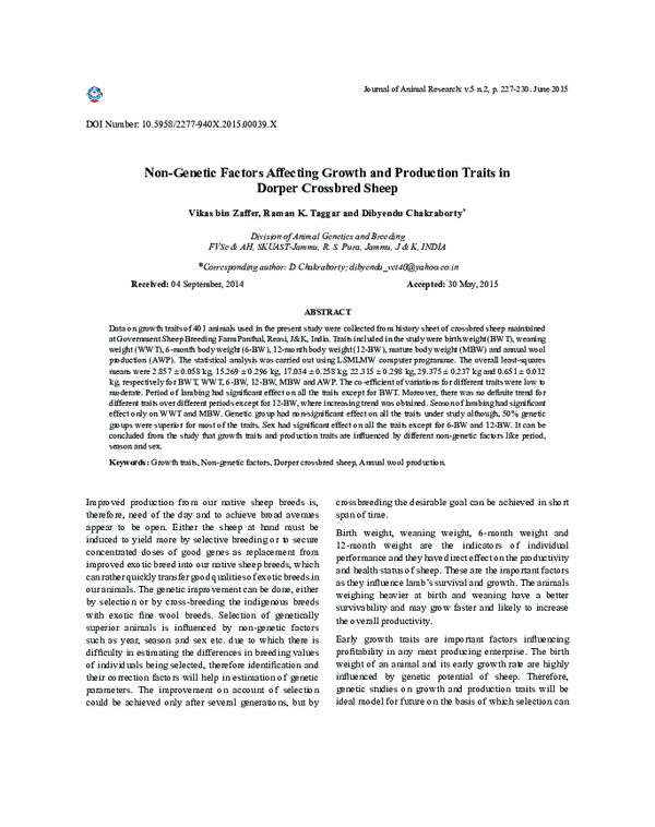 (PDF) Non-Genetic Factors Affecting Growth and Production Traits in Dorper Crossbred Sheep