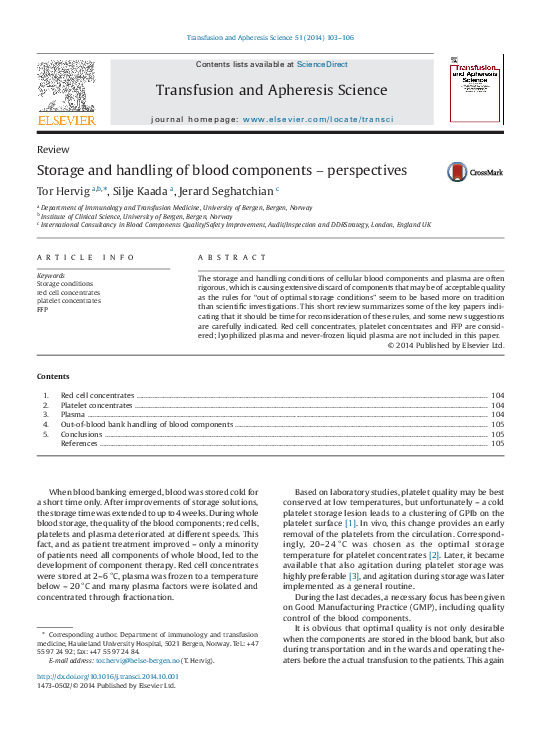 (PDF) Storage and handling of blood components – perspectives