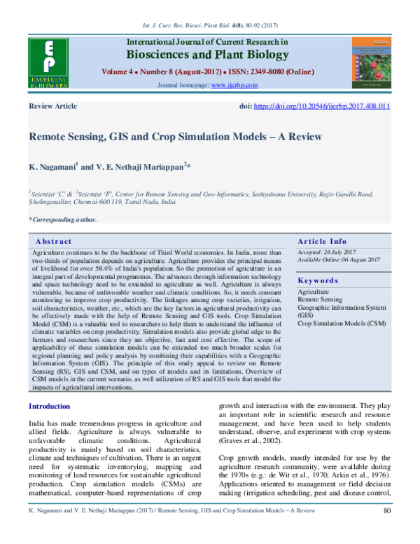 Pdf Remote Sensing Gis And Crop Simulation Models A Review