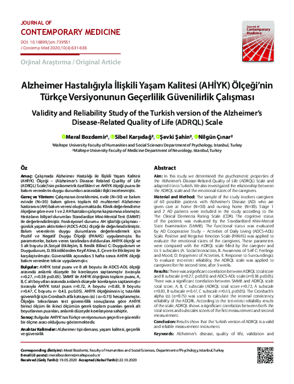 (PDF) Validity and Reliability Study of the Turkish version of the ...