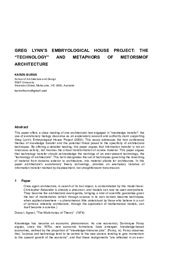 (PDF) Greg Lynn’s Embryological House Project: The “Technology” and ...