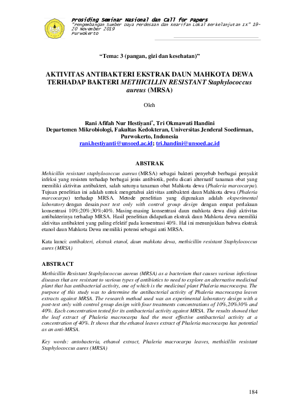 (PDF) AKTIVITAS ANTIBAKTERI EKSTRAK DAUN MAHKOTA DEWA TERHADAP BAKTERI ...