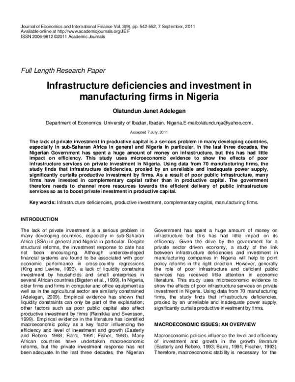(PDF) Infrastructure deficiencies and investment in manufacturing firms ...