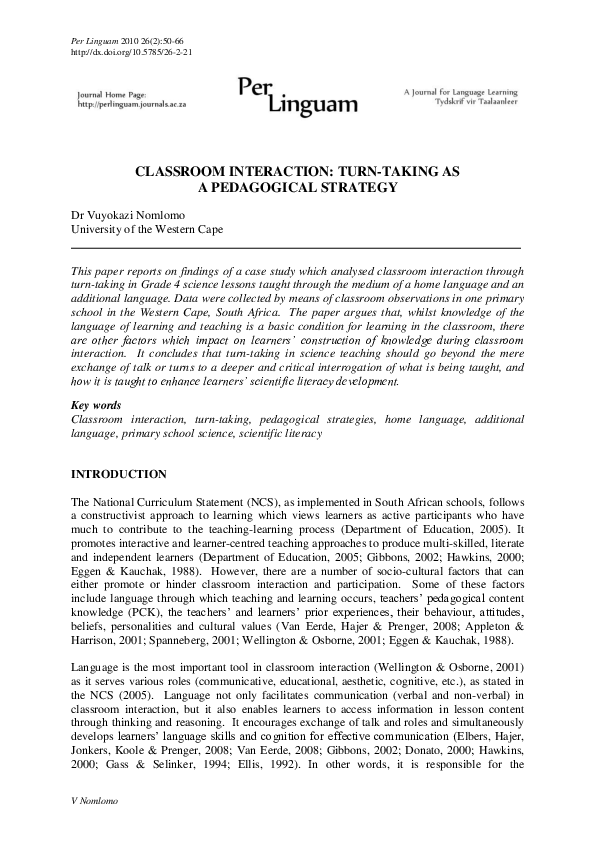 (PDF) Classroom interaction: Turn-taking as a pedagogical strategy | Vuyokazi Nomlomo - Academia.edu