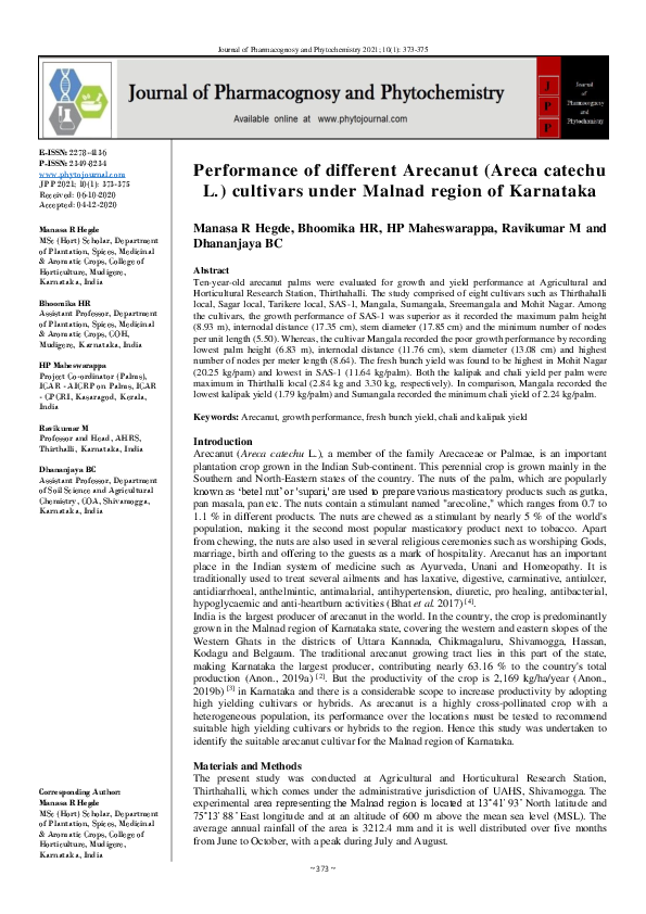(PDF) Performance of different Arecanut (Areca catechu L.) cultivars under Malnad region of ...