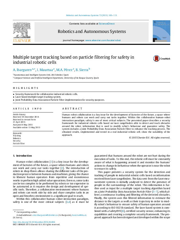 Pdf Multiple Target Tracking Based On Particle Filtering For Safety In Industrial Robotic Cells