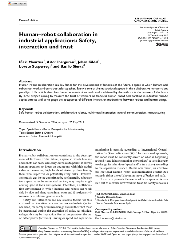 (PDF) Human–robot collaboration in industrial applications