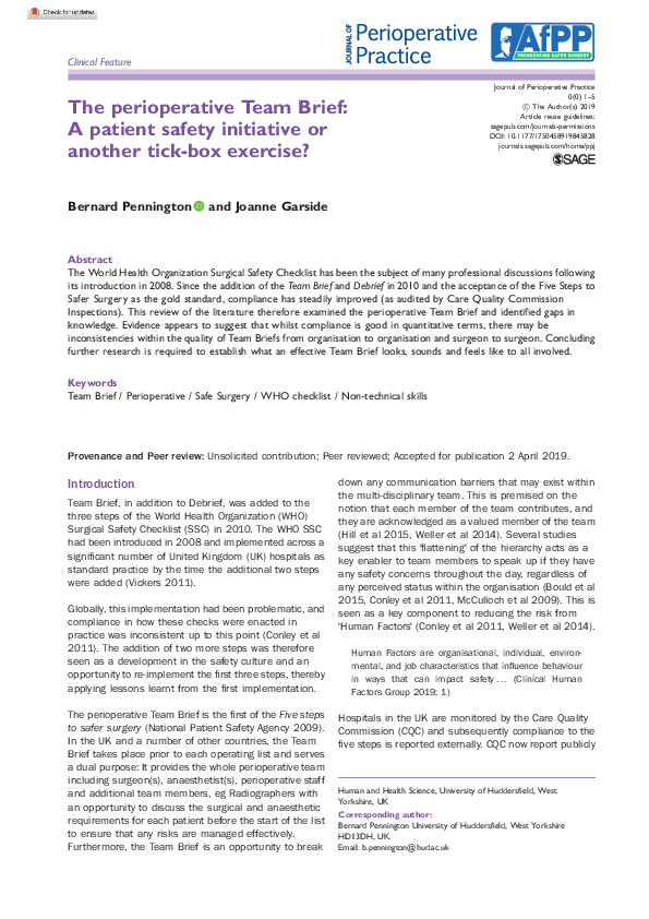 (PDF) The perioperative Team Brief: A patient safety initiative or ...