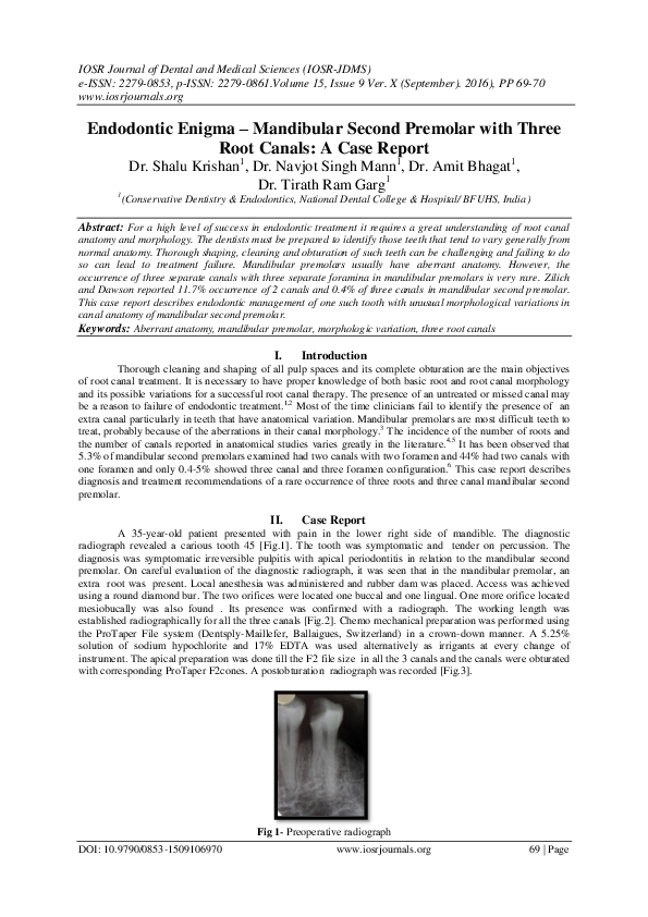 (PDF) Endodontic Enigma – Mandibular Second Premolar with Three Root Canals: A Case Report