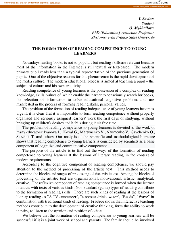 (PDF) The Formation of Reading Competence to Young Learners