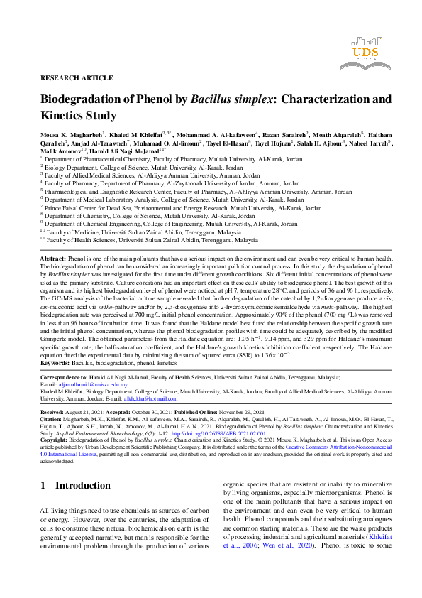 (PDF) Biodegradation of Phenol by Bacillus simplex: Characterization ...