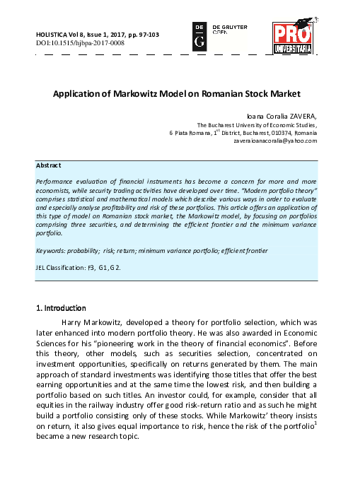 (PDF) Application of Markowitz Model on Romanian Stock Market