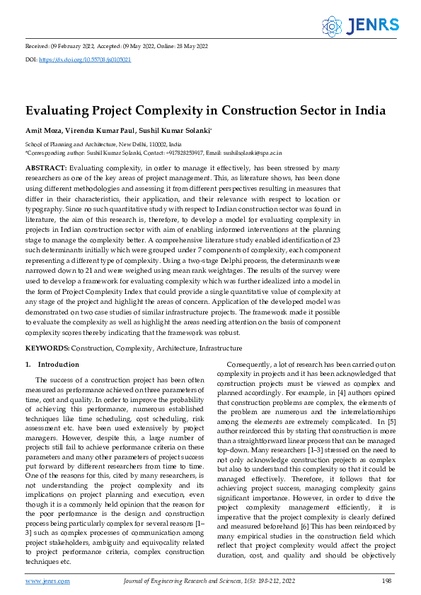 (PDF) Evaluating Project Complexity in Construction Sector in India