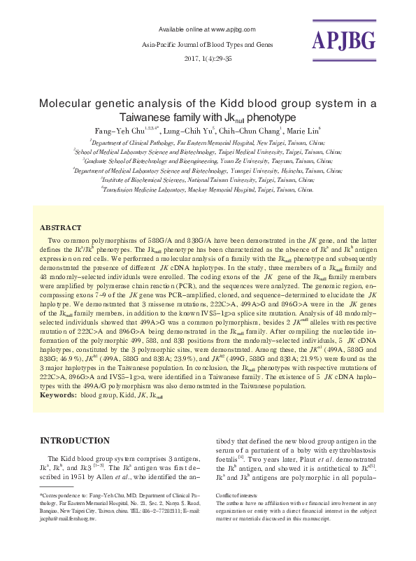 (PDF) Molecular genetic analysis of the Kidd blood group system in a ...