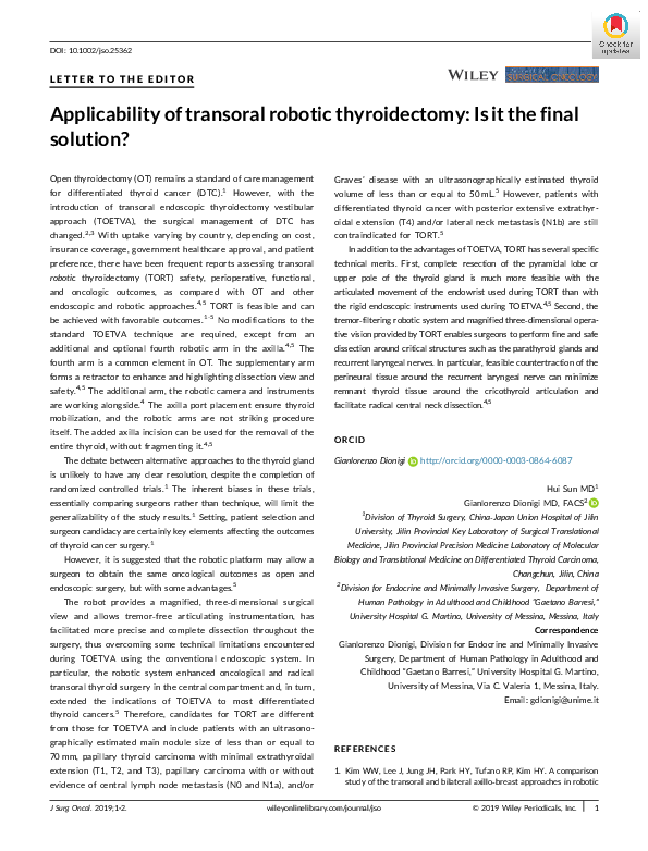 (PDF) Transoral Robotic Thyroidectomy Outcomes