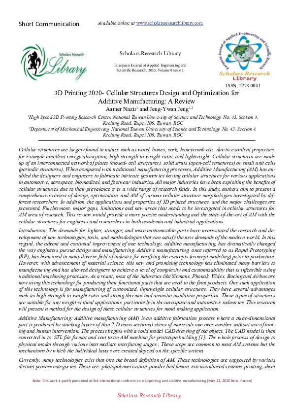 (PDF) 3D Printing 2020- Cellular Structures Design and Optimization for Additive Manufacturing ...
