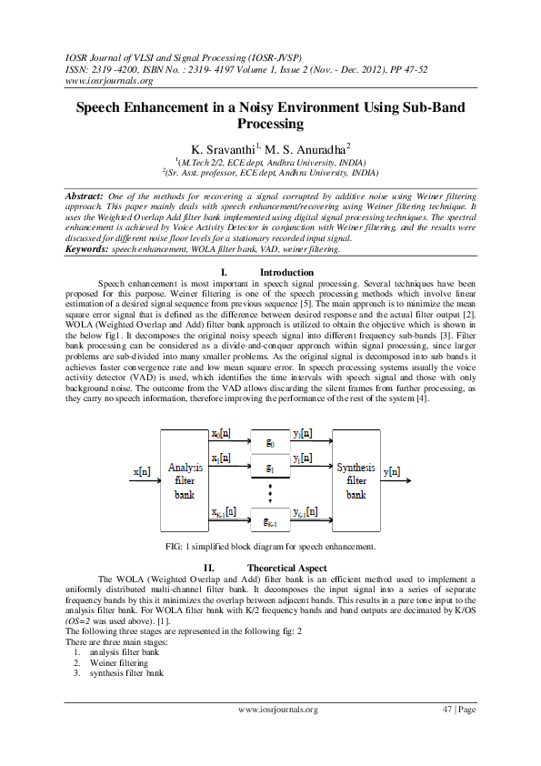 Pdf Speech Enhancement In A Noisy Environment Using Sub Band Processing