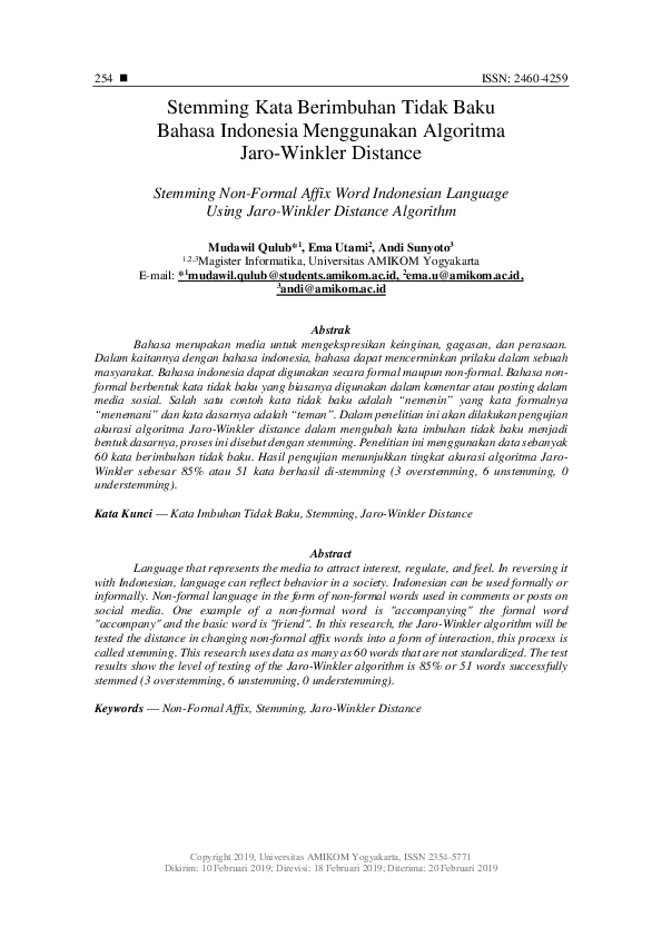 (PDF) Stemming Kata Berimbuhan Tidak Baku Bahasa Indonesia Menggunakan Algoritma Jaro-Winkler ...