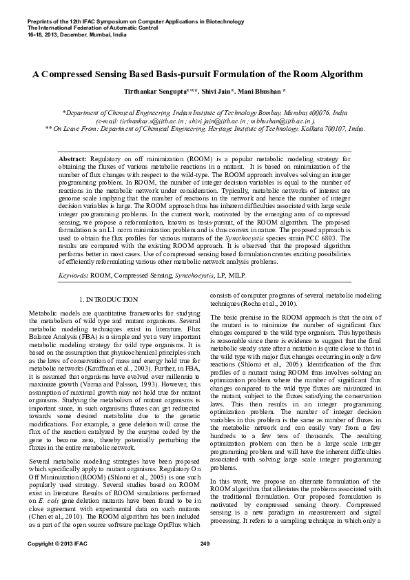 Pdf A Compressed Sensing Based Basis Pursuit Formulation Of The Room Algorithm