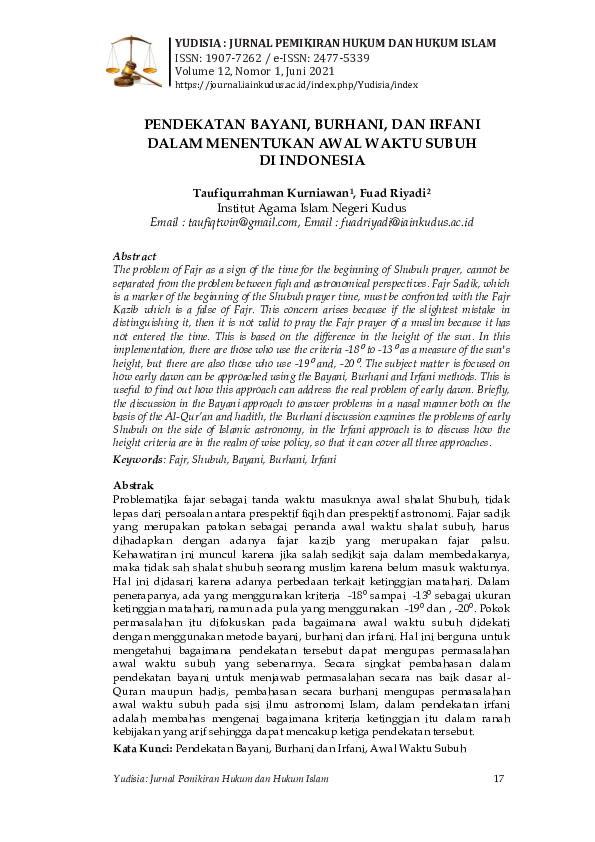 (PDF) Pendekatan Bayani, Burhani, dan Irfani dalam Menentukan Awal Waktu Subuh di Indonesia