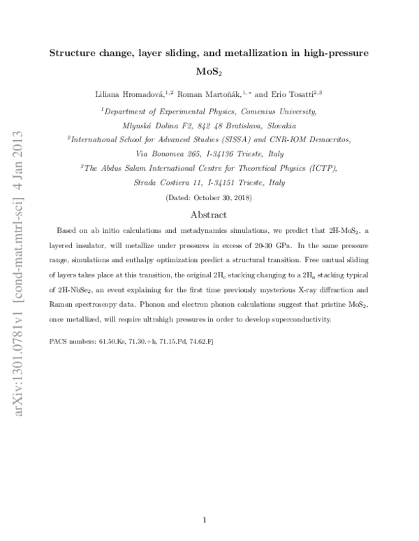 (PDF) Structure change, layer sliding, and metallization in high-pressure MoS2