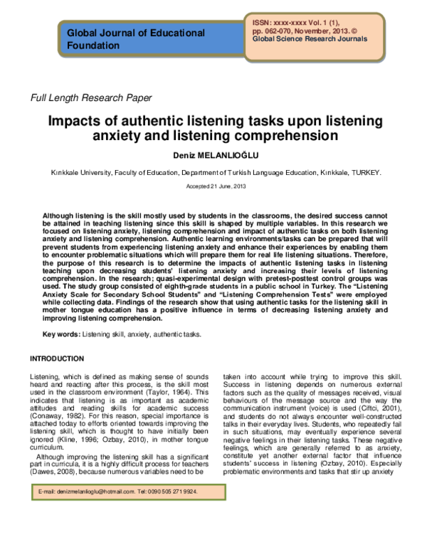 (PDF) Impacts of authentic listening tasks upon listening anxiety and ...