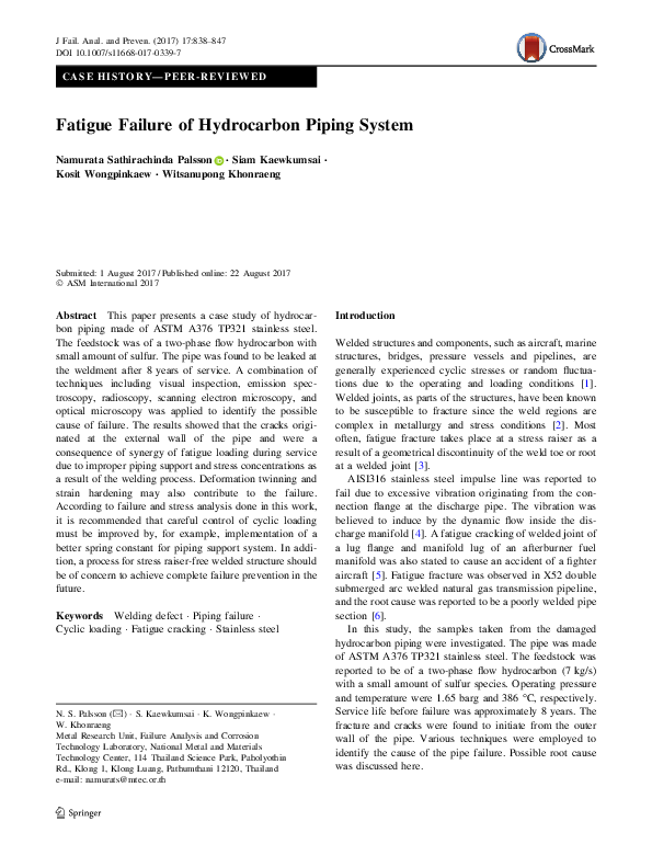(PDF) Fatigue Failure of Hydrocarbon Piping System