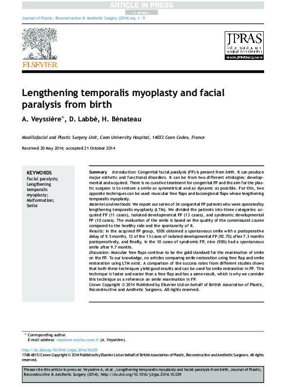 (PDF) Lengthening temporalis myoplasty and facial paralysis from birth