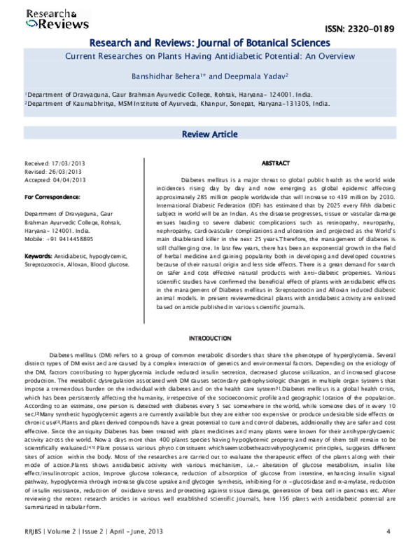 (PDF) Current Researches on Plants Having Antidiabetic Potential: An ...