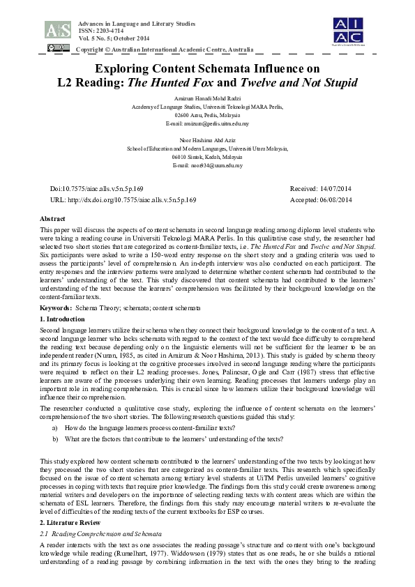 (PDF) Exploring Content Schemata Influence on L2 Reading: The Hunted Fox and Twelve and Not Stupid