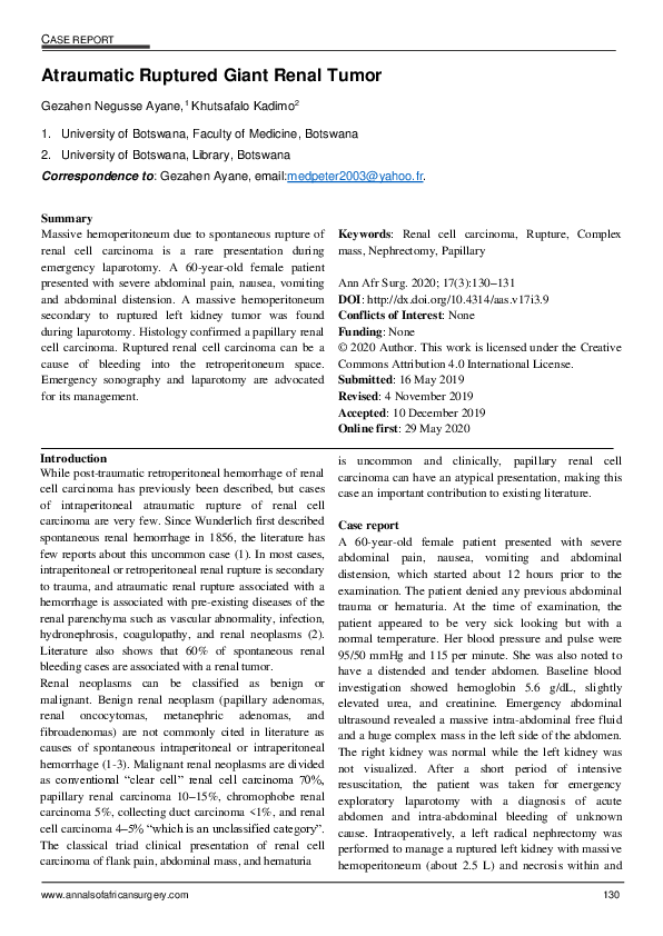 (PDF) Atraumatic Ruptured Giant Renal Tumor