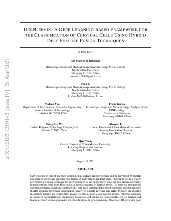 Pdf Deepcervix A Deep Learning Based Framework For The Classification Of Cervical Cells Using